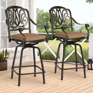 Grepatio Outdoor Cast Aluminum Swivel Bar Stools Set of 2, Patio Height Bartools Chairs, 2 Piece Patio High Dining Bistro Chairs for Garden Backyard with Cushion (Khaki)