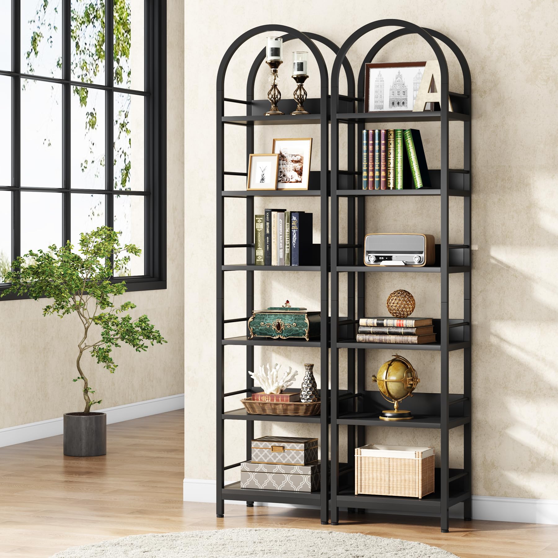 Tribesigns 78.7" Tall Bookshelf, Industrial Wood 6-Tier Bookcase, Arched Narrow Bookshelf, Ladder Shelf Storage Organizer, Display Shelf with Metal Frame for Bedroom, Living Room, Black