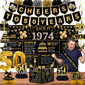 50th birthday decorations for men women, 22pcs back in 1974 banner decorations，50 years old birthday backdrop, 1974 guest book, balloons, honeycomb centerpiece, hanging swirl, paper poms, sash