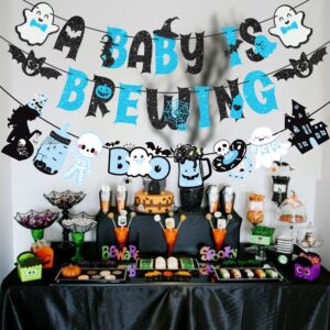 Halloween A Baby Is Brewing Banner Halloween Baby Shower Party Decorations 3pcs Blue and Black A Baby Is Brewing Banners for Boy Halloween Party Spooky Ghost Boo Theme Party Pumpkin Bat Witch Theme Baby Shower Supplies