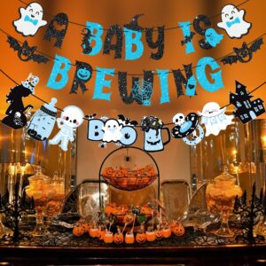 Halloween A Baby Is Brewing Banner Halloween Baby Shower Party Decorations 3pcs Blue and Black A Baby Is Brewing Banners for Boy Halloween Party Spooky Ghost Boo Theme Party Pumpkin Bat Witch Theme Baby Shower Supplies