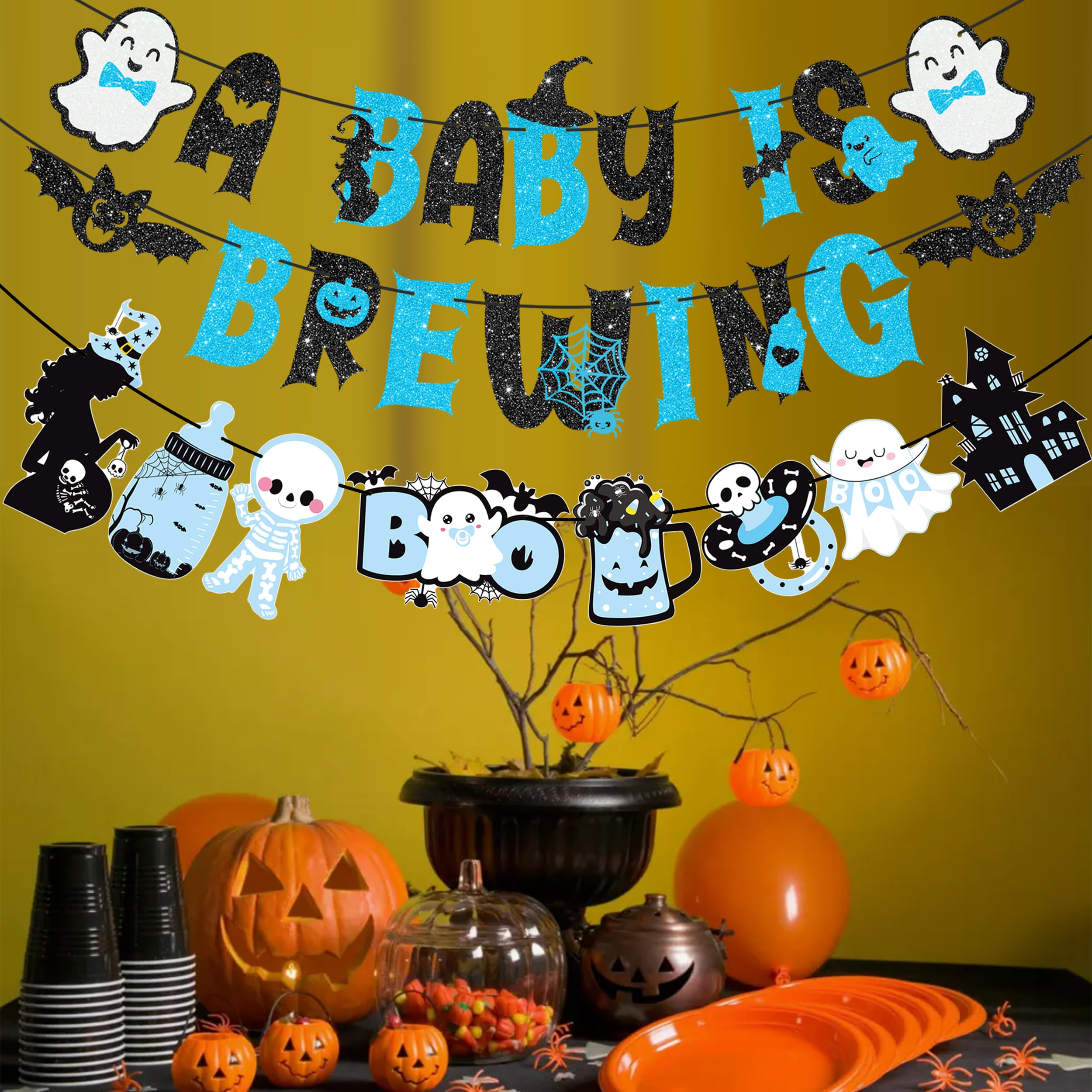 Halloween A Baby Is Brewing Banner Halloween Baby Shower Party Decorations 3pcs Blue and Black A Baby Is Brewing Banners for Boy Halloween Party Spooky Ghost Boo Theme Party Pumpkin Bat Witch Theme Baby Shower Supplies