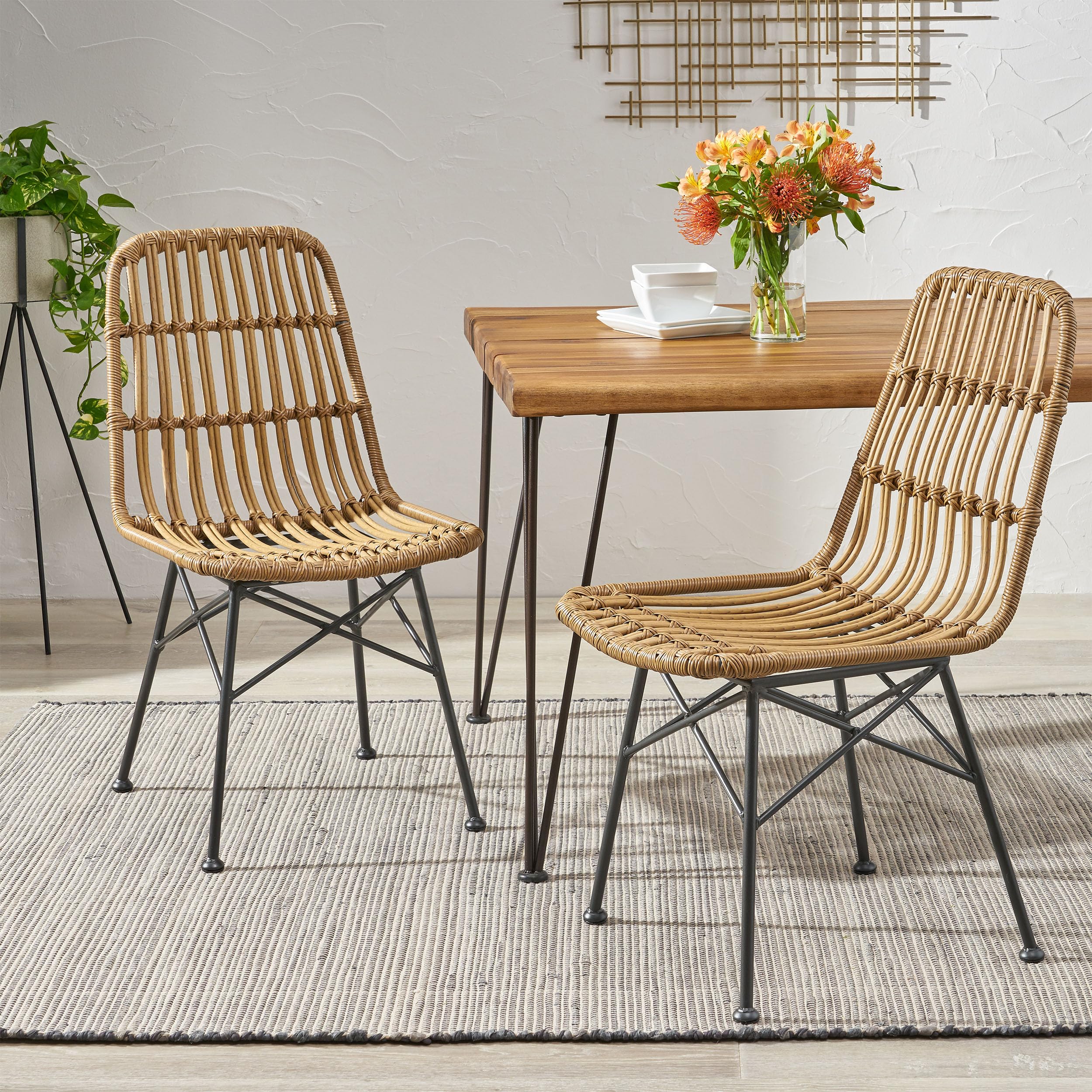 Christopher Knight Home Sawtelle Assisi Indoor Wicker Dining Chairs (Set of 2), 18.25 "W x 24 "D x 35 "H, Light Brown + Black