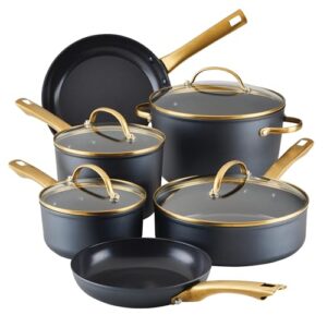 farberware forged induction ceramic nonstick pots and pans set with lids and kitchen cooking tools - dishwasher safe, suitable for all stovetops, 12 piece cookware set - black and gold