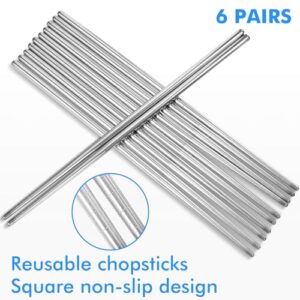 6Pairs Chopsticks Stainless Steel Chopsticks Metal Silver Chopsticks Metal Chopsticks Reusable Dishwasher Silver Reusable Chopsticks Japanese Korean Chinese Chopstick for Dinner Lightweight Non-Slip