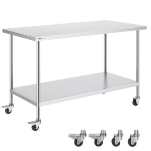 vevor stainless steel work table 30 x 60 x 38 inch, with 4 wheels, 3 adjustable height levels, heavy duty food prep worktable for commercial kitchen restaurant, silver