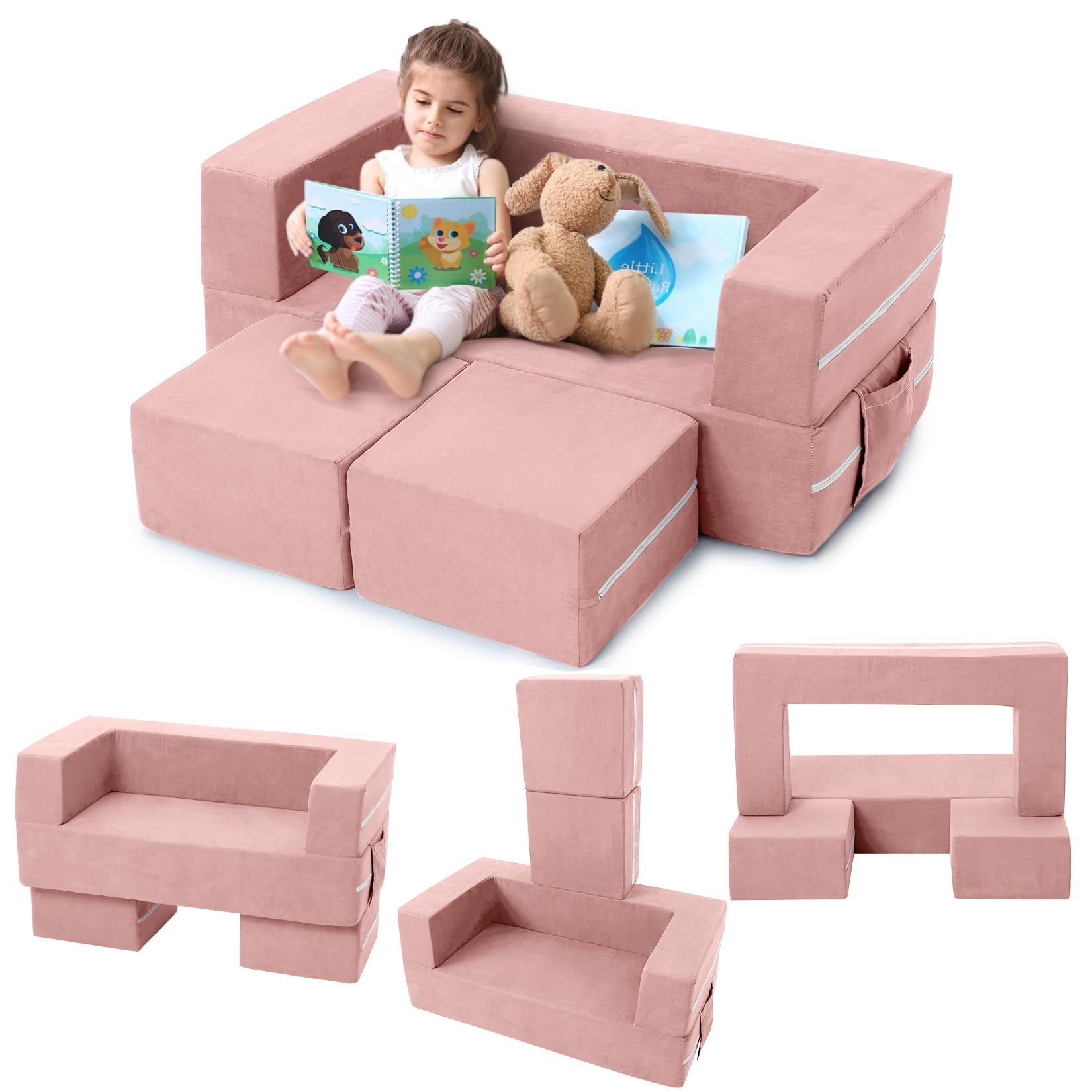 GarveeHome Kids Play Couch, 3Pcs Modular Kids Couch Toddler Couch for Playroom Bedroom Furniture, Convertible Foam Kids Play Sofa with Removable Cover, Pink