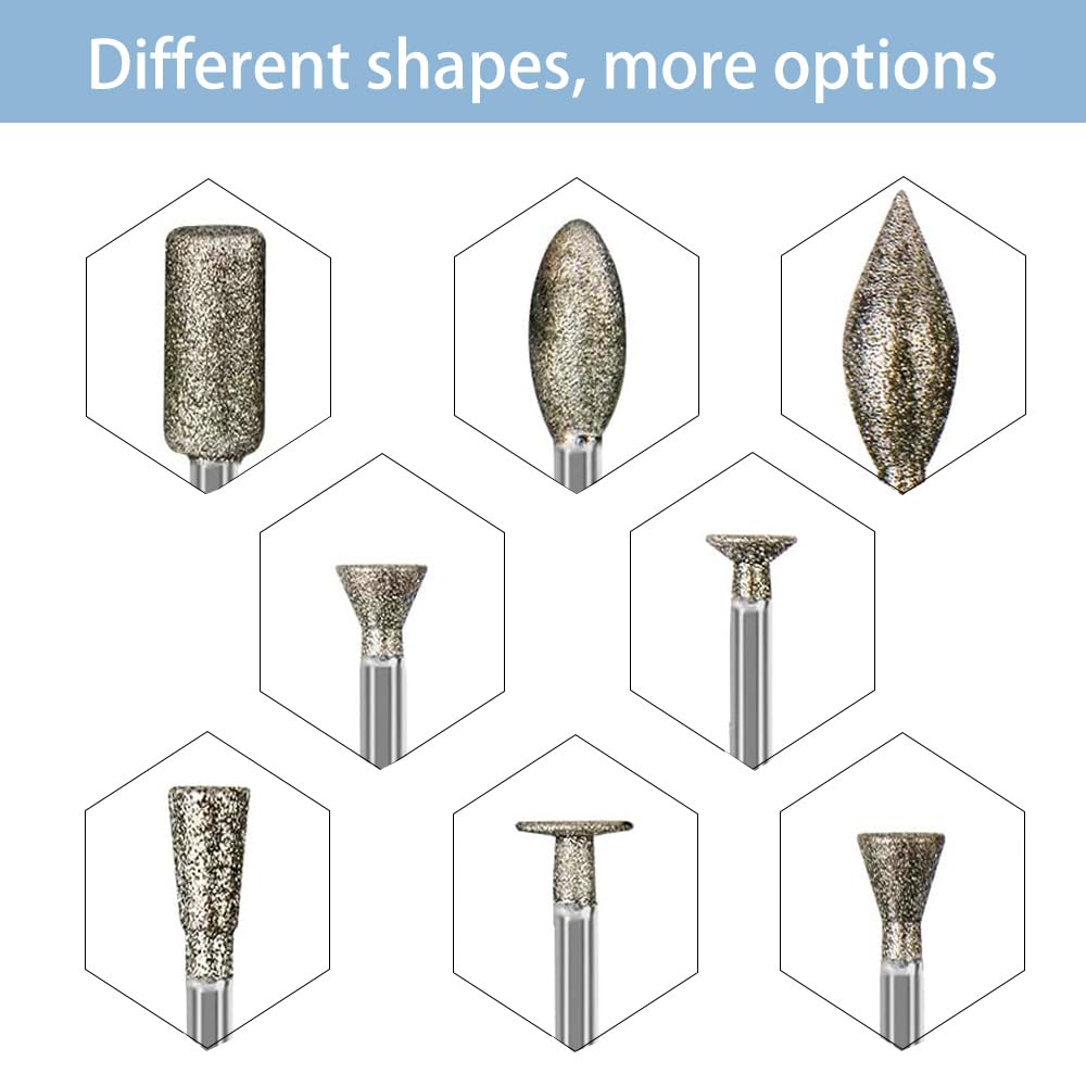 Stone Carving Set Diamond Burr Bits Compatible with Dremel, Rotary Tools Accessories Polishing Kits with 1/8 inch Shank for Carving, Engraving, Grinding, Stone, Rocks, Ceramics, Jewelry, Glass