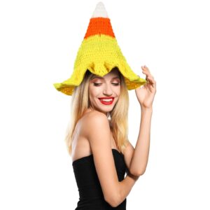 panitay 10.63 x 12.99 inch candy corn witch hat crochet pattern for women adult knitted crochet wizard hat for autumn halloween cosplay party decorations, orange, white and yellow