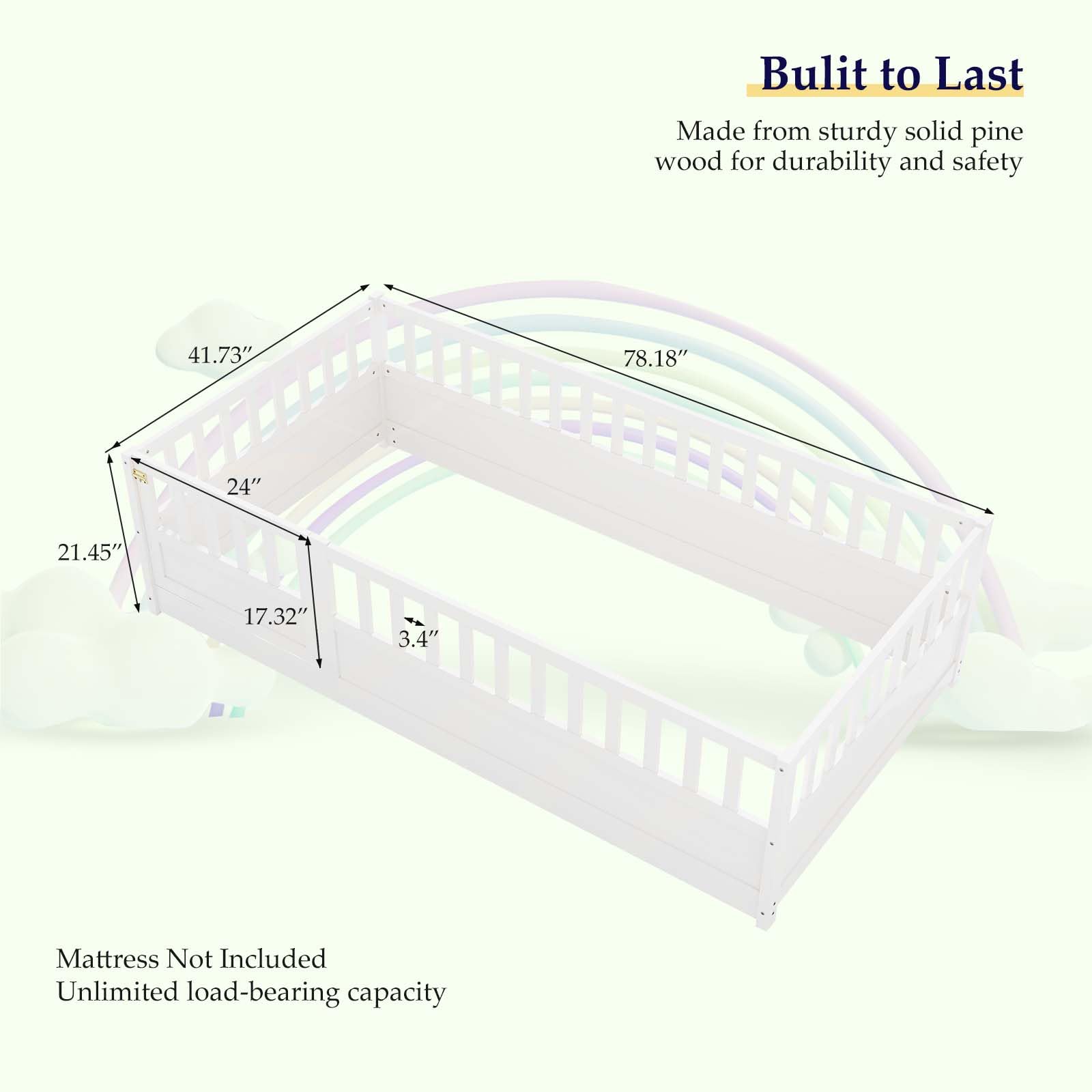 Tatub Twin Floor Bed with Elevated Safety Guardrails and Door, Montessori Floor Bed for Kids, Wood Kids Floor Beds Frame, Twin-White