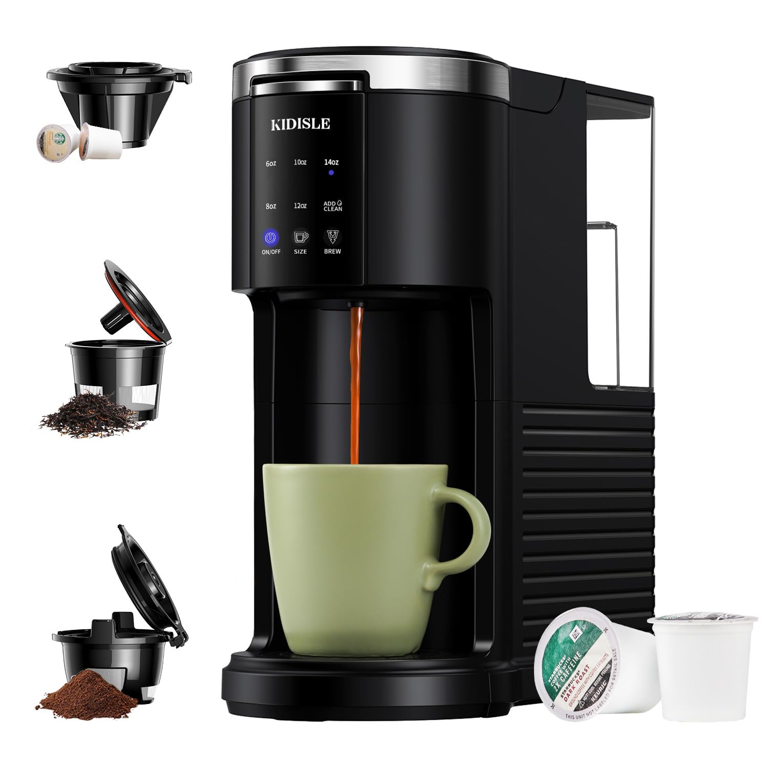 KIDISLE 3 in 1 Single Serve Coffee Maker for K Cup Pods & Ground Coffee & Teas, 6 to 14oz Brew Sizes, with 40oz Removable Water Reservoir, Self-cleaning Function, Black