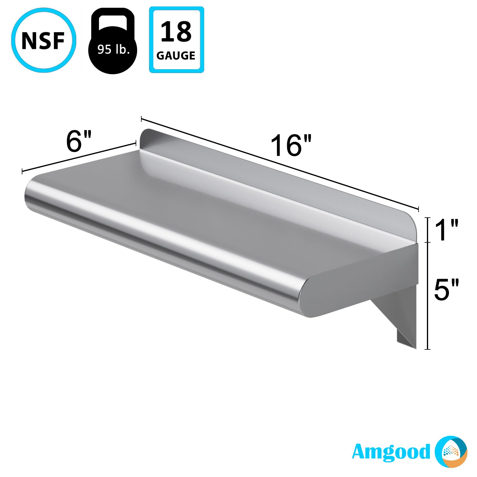 AmGood 6" X 16" Stainless Steel Wall Shelf | NSF | Metal Shelving | Garage, Laundry, Storage, Utility Room | Restaurant, Commercial Kitchen