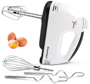 showvigor 7-speed hand mixer, 5-piece set, 2 stainless steel dough hooks, 2 stirrers, 1 traditional whisk, hand mixer electric handheld for stirring meat, dough, eggs, dishwasher safe(white)