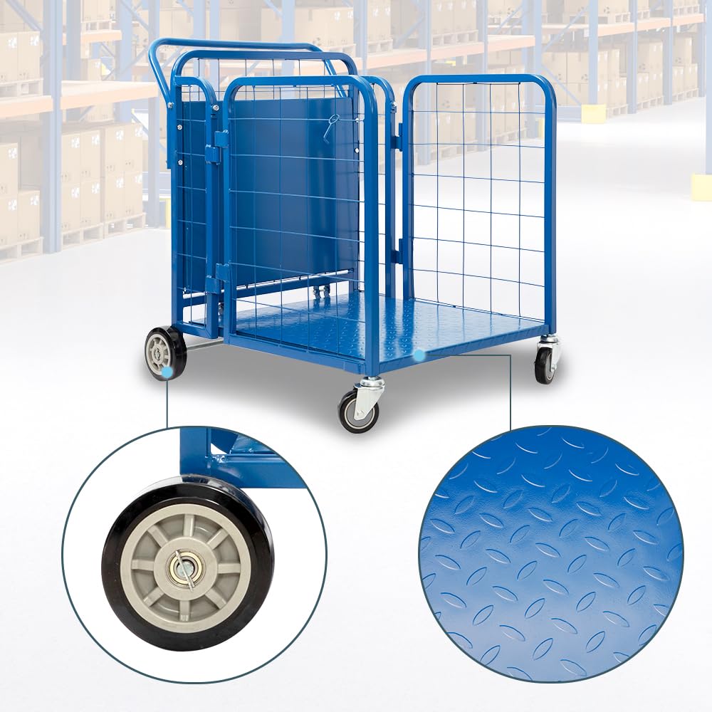 Yeeoy Steel Stock Cart Hand Truck with Side Walls, Heavy Duty Foldable Industrial Utility Dolly Portable Panel Trolley with 360° Swivel Wheels for Garage Warehouse Factory丨750 Lbs Capacity, Blue