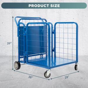 Yeeoy Steel Stock Cart Hand Truck with Side Walls, Heavy Duty Foldable Industrial Utility Dolly Portable Panel Trolley with 360° Swivel Wheels for Garage Warehouse Factory丨750 Lbs Capacity, Blue