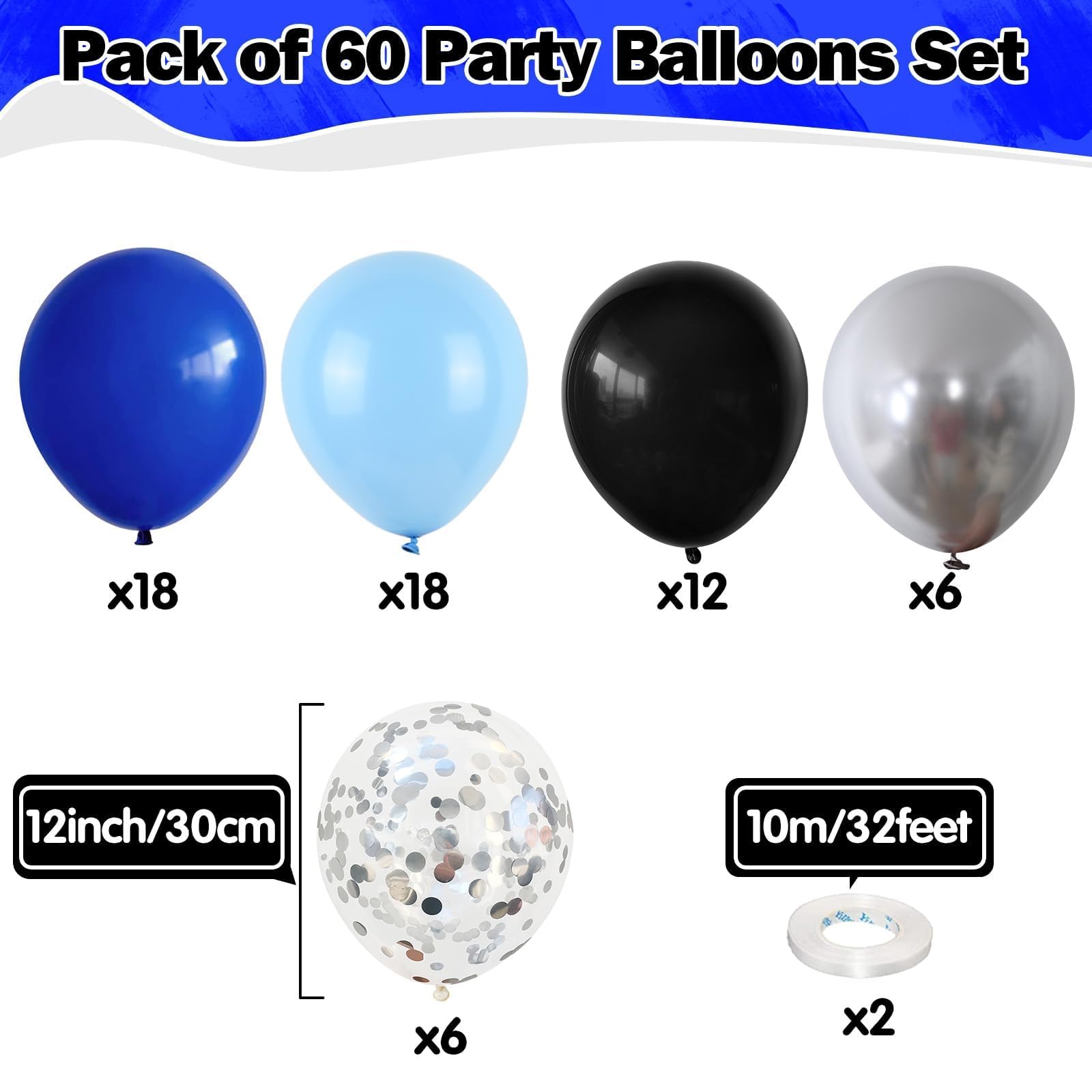 Blue Black Balloons 60 Pcs Royal Blue Black and Metallic Silver Confetti Balloons 12 Inch Video Game Outer Space Balloon for Boys Men Boss Graduation Retirement Baby Shower Birthday Party Decorations