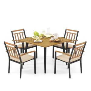 tangkula 5 pieces patio dining set, outdoor dining table and chairs with cushions, 42.5” square acacia wood dining table with 1.9” umbrella hole, outdoor furniture set for backyard, garden, poolside