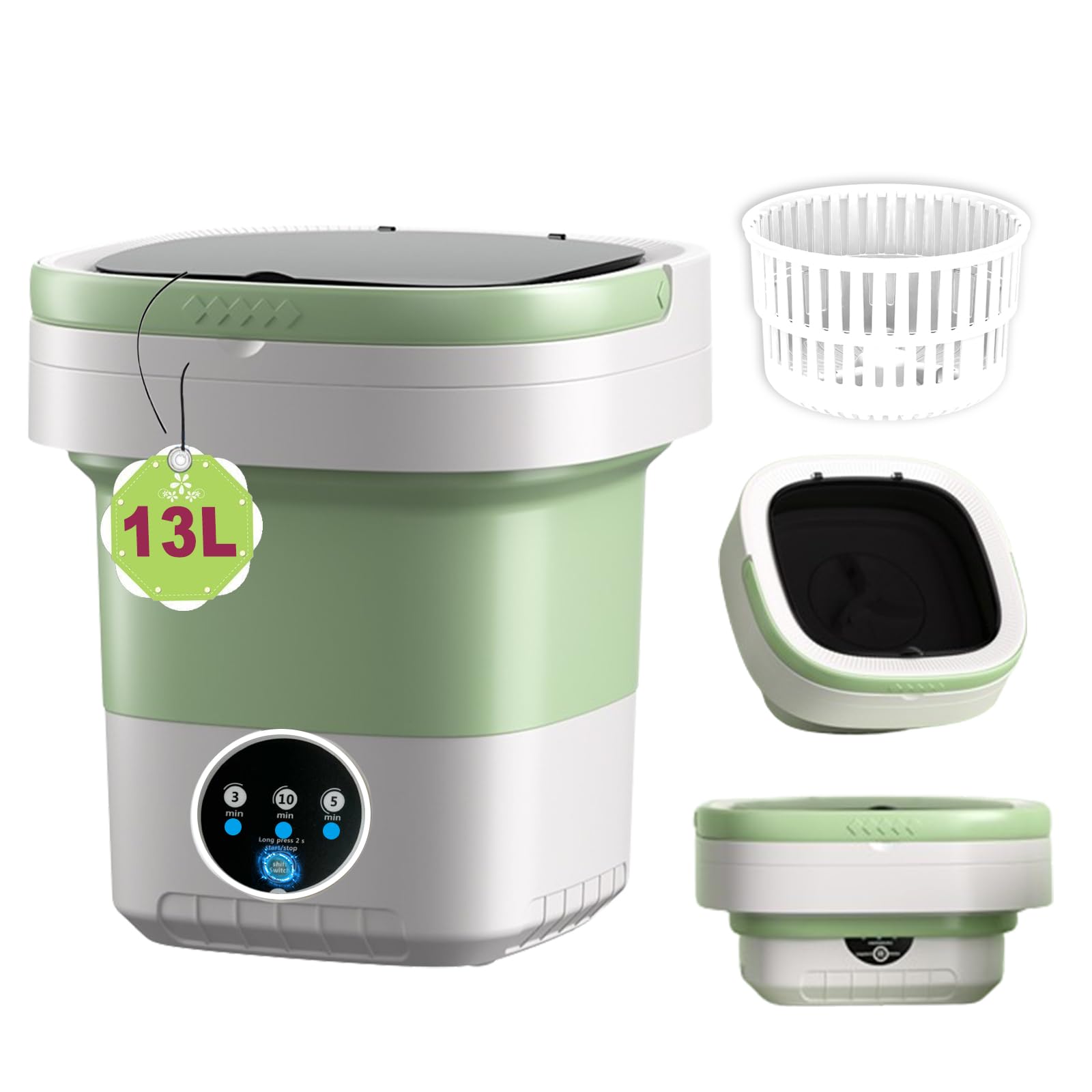 Portable Washing Machine,15L Foldable Mini Washer with Basket Spin,Compact Washer and Dryer with 3 Cleaning Modes for Underwear (Green)