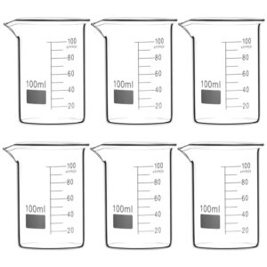 qwork sturdy glass beaker 100ml, griffin low form, 6 pcs, 3.3 borosilicate glass with printed graduation and extra large marking spot