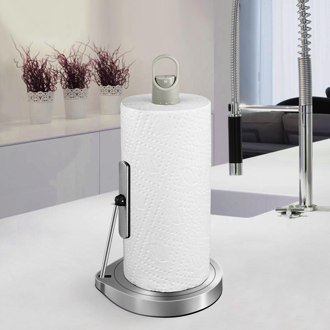 AIDEA Paper Towel Holder with Spray Bottle, Kitchen Towel Holder for Countertop, Spring Arm for Easy Tear, One-Handed Stainless Steel Paper Towel Dispenser with Weighted Base, Silver