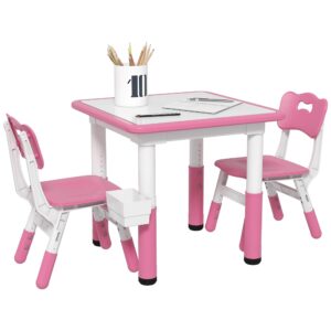 qaba 3 pieces kids table and chairs, height adjustable toddler table and chair set with storage, easy to wipe, activity table 2 chairs for classroom, for daycare classroom, 18 months-5 years, pink