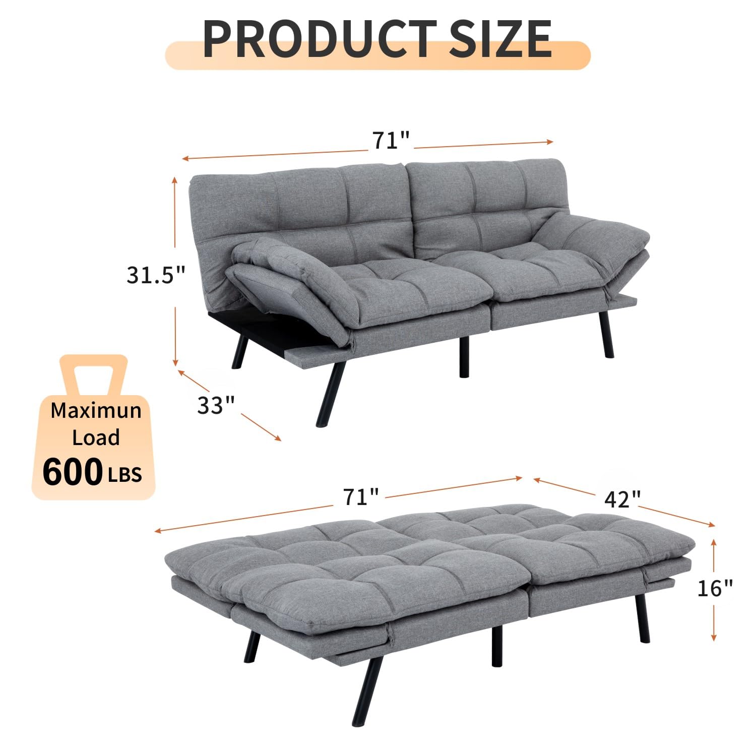 MUUEGM Futon Sofa Bed Couch，Memory Foam Futon Convertible Sofa Bed, 71″Fabric Futon with Convertible Backrest,Modern Loveseat Sofa,Sleeper Couch for Compact Space,Apartment,Living Room,Light Grey