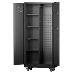 gladiw garage storage cabinet, steel storage cabinet with lockable doors and 4 adjustable shelves, tool cabinet with wheels and pegboards for garages, offices, kitchens, gyms and pantries, black