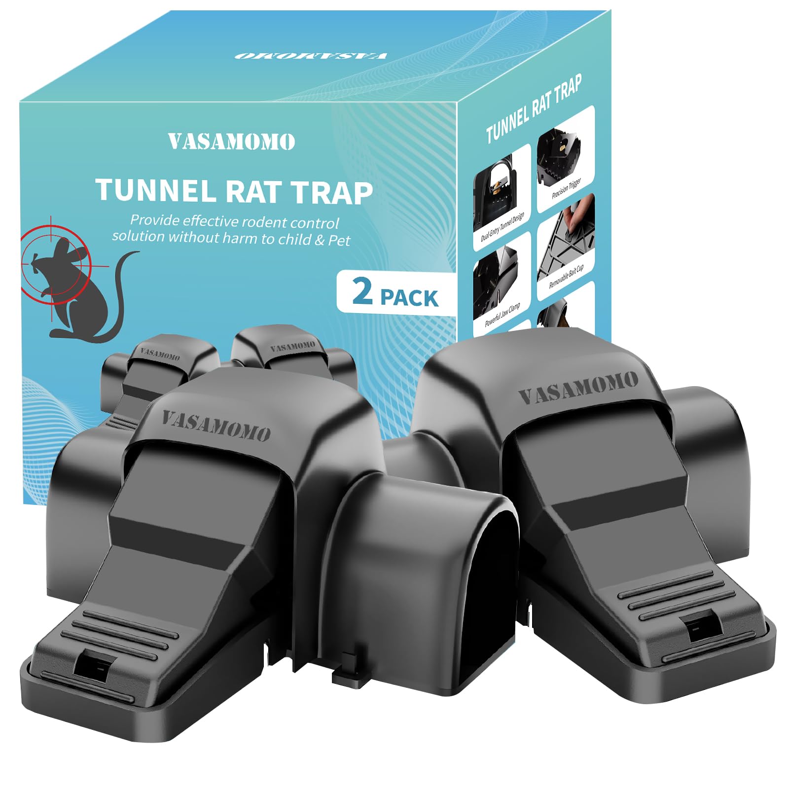 VASAMOMO Large Rat Trap, Humane Dual-Entry Tunnel Traps for Rat, Mice & Chipmunks, Instant Kill Rodent Snap Trap with Sensitive Trigger and Powerful Jaws, for Both Indoor & Outdoor,Pack of 2