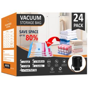 24 pack vacuum storage bags, space saver bags, compression for comforters and blankets, plush toy, sealer clothes storage (5 jumbo/5 large/5 medium/5 small/4 roll) electric vacuum pump included