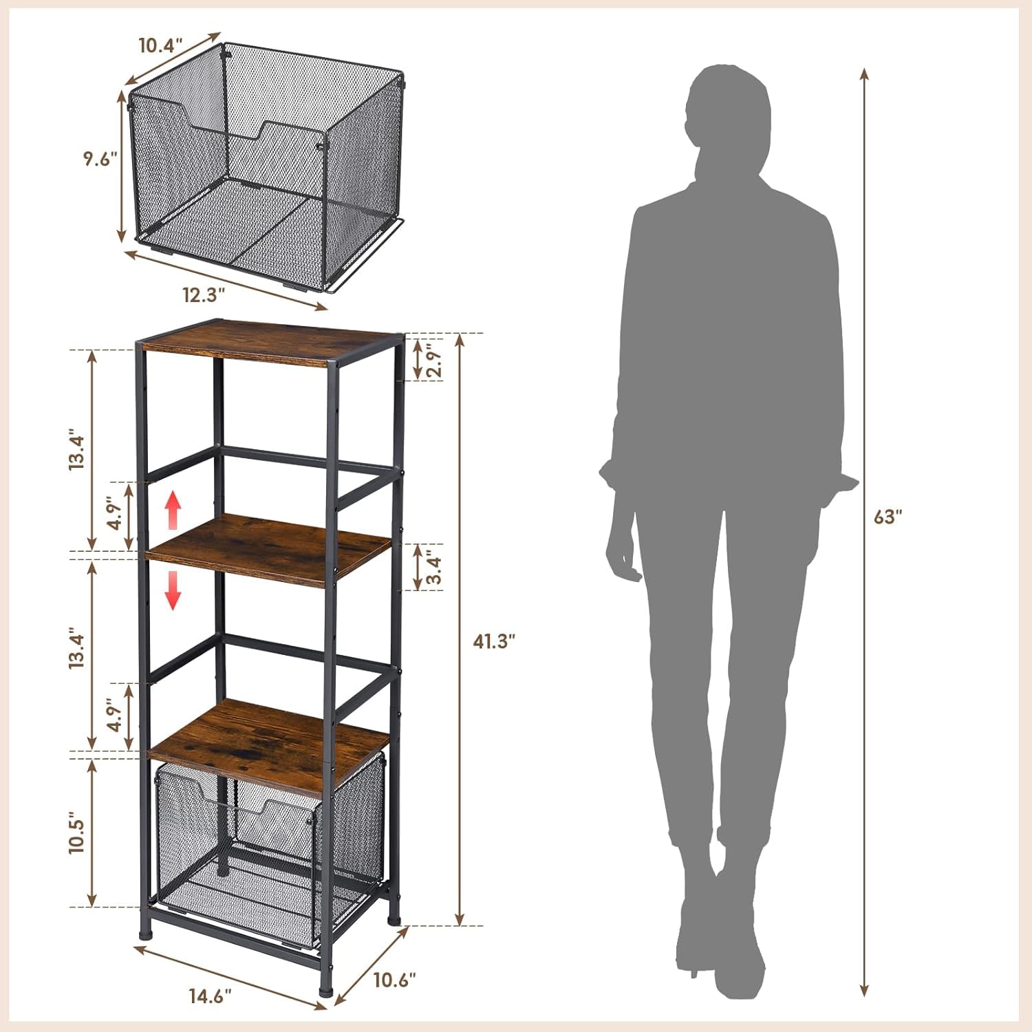 Cutogxon 4 Tier Adjustable Laundry Room Shelves, Metal Shelving Unit Rack with Drawer Narrow Standing Shelf Heavy Duty Bathroom Storage Shelves for Laundry Room Organization and Storage