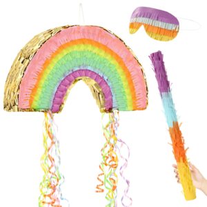 qoubai colorful rainbow pull string pinata with sticks and blindfold for boys girls rainbow pinata gender reveal party favors supplies pastel rainbow birthday baby shower party decoration