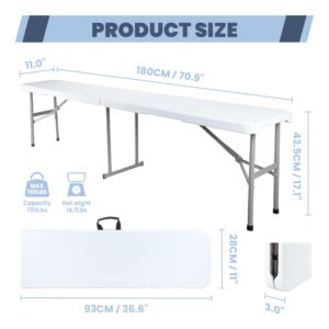 CARTMAN 6 feet Plastic Folding Bench,Portable in/Outdoor Picnic Party Camping Dining Seat, Smooth HDPE Tabletop, 2 Pack, White