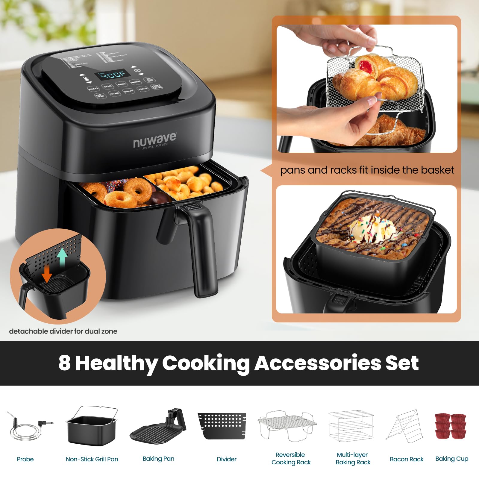 Nuwave Brio 10-in-1 Air Fryer, 6 QT Airfryer Capacity with Smart Probe, Roast Grill Bake for Fast Meals, One-Touch Digital Controls, Powerful 1800W Fryer, 100 Recipes, Removable Divider & Grill Pan