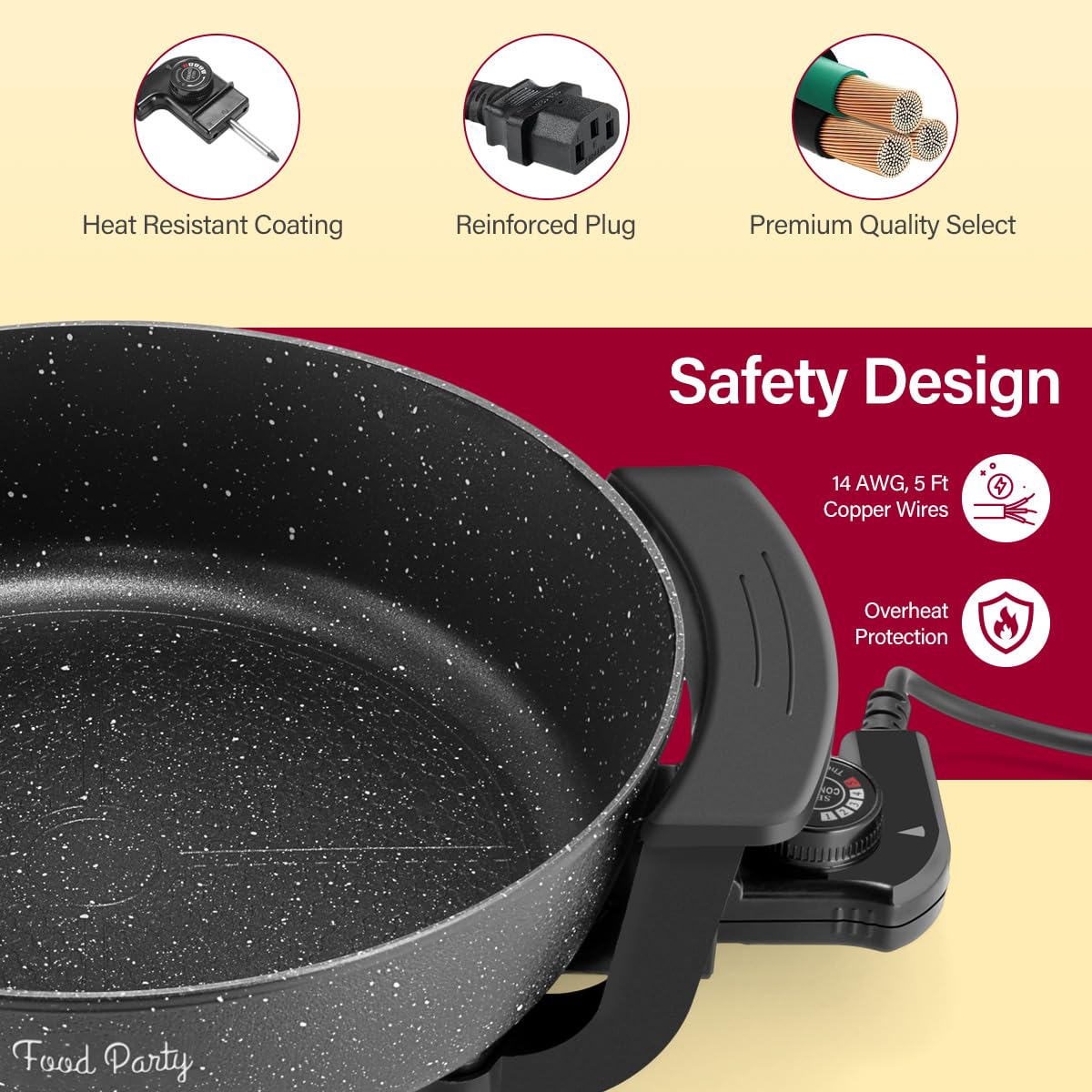 Food Party Electric Hot Pot Skillet Hotpot Pot Electric Cooker Shabu Shabu Pot 110V Non-Stick 6L BPA FREE Fondue Chinese Hot Pot