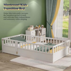 Tatub Twin Floor Bed with Elevated Safety Guardrails and Door, Montessori Floor Bed for Kids, Wood Kids Floor Beds Frame, Twin-White