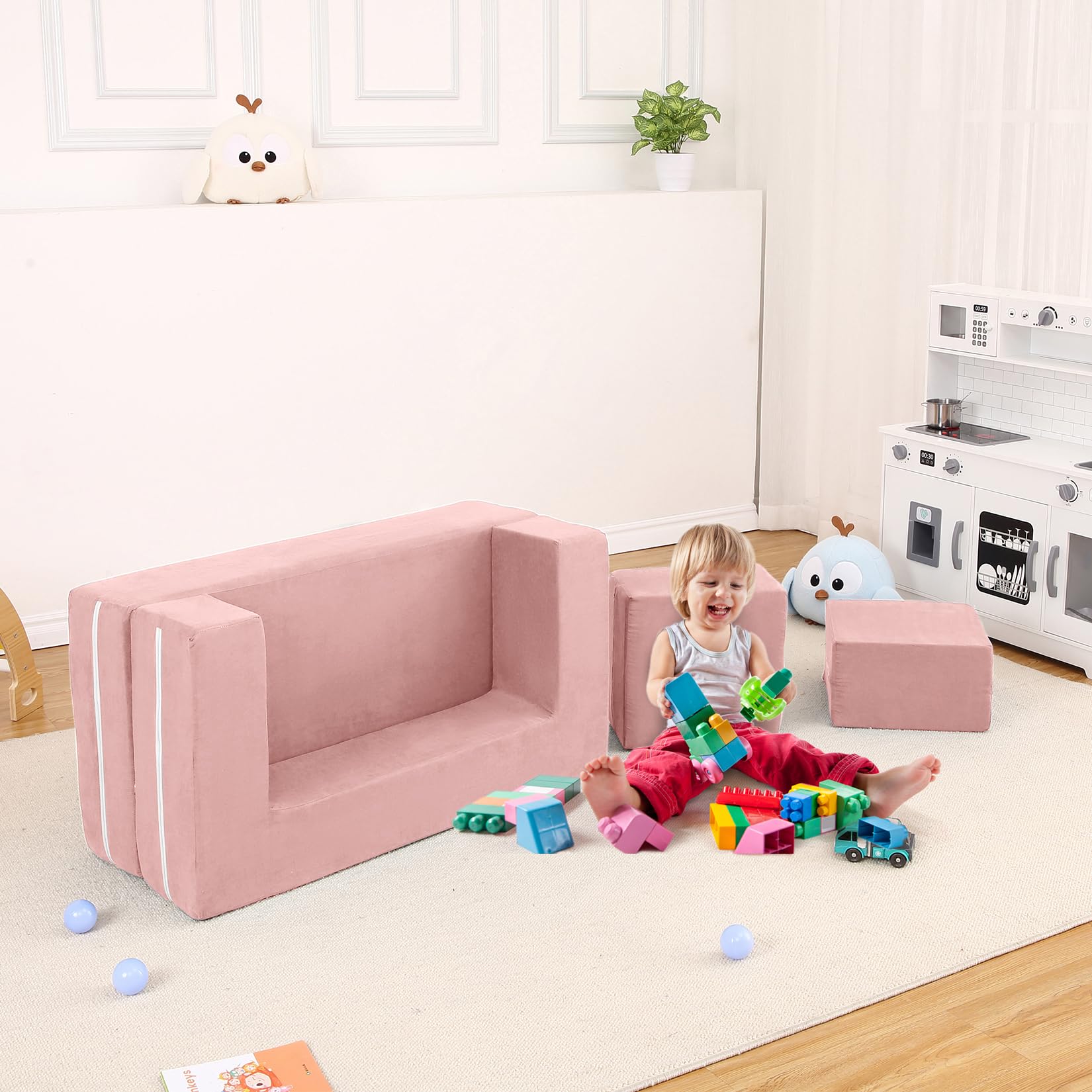 GarveeHome Kids Play Couch, 3Pcs Modular Kids Couch Toddler Couch for Playroom Bedroom Furniture, Convertible Foam Kids Play Sofa with Removable Cover, Pink