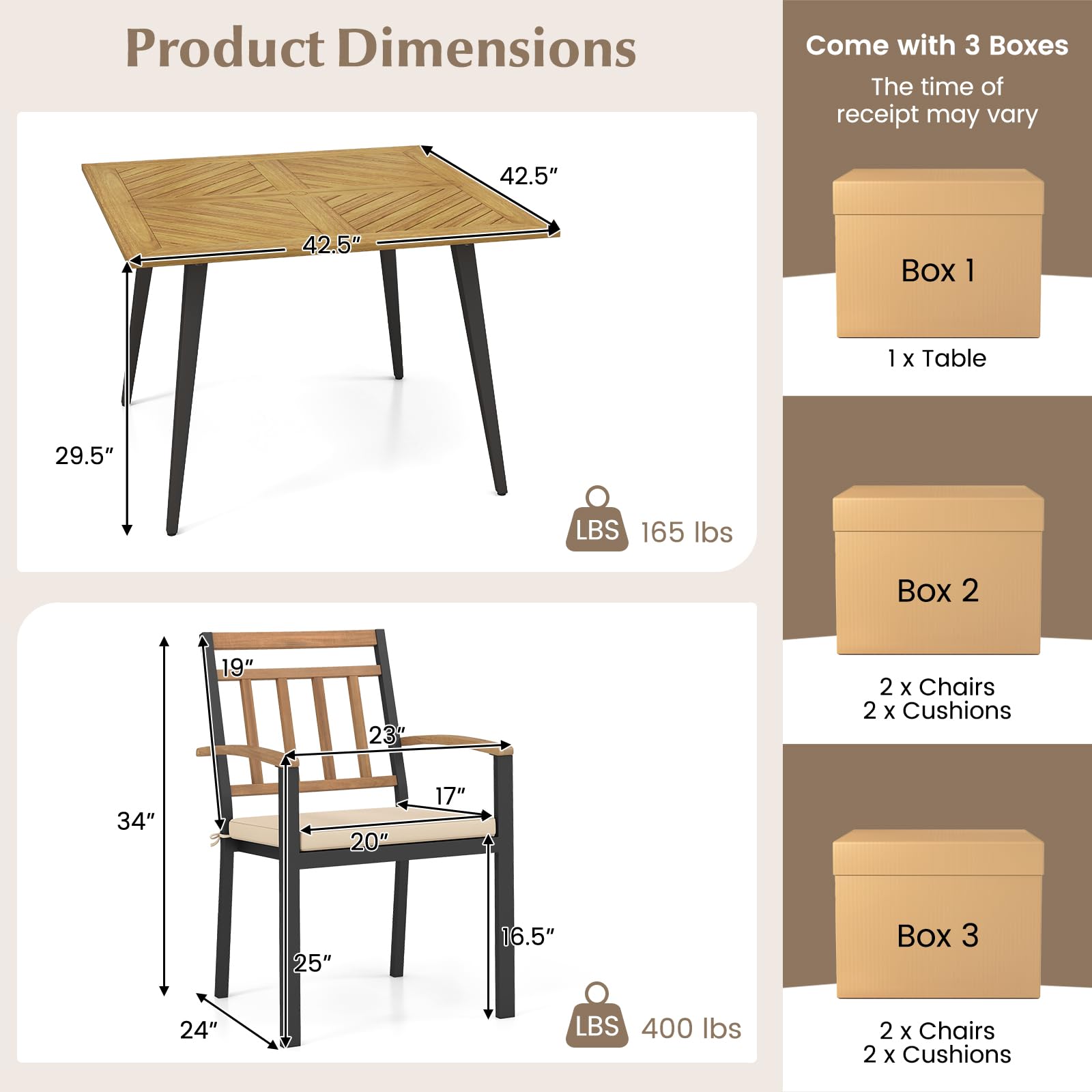 Tangkula 5 Pieces Patio Dining Set, Outdoor Dining Table and Chairs with Cushions, 42.5” Square Acacia Wood Dining Table with 1.9” Umbrella Hole, Outdoor Furniture Set for Backyard, Garden, Poolside