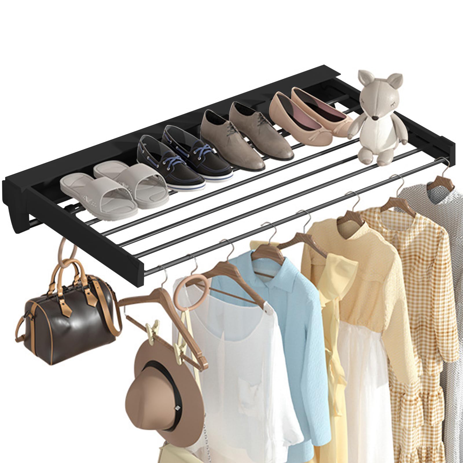 Laundry Drying Rack Collapsible, Wall Mounted Retractable Clothes Rack 33" Long 14" Wide, Capacity 30 Pounds 99.99% Aluminum Rods, Space Saving Drying Rack with Laundry Hooks