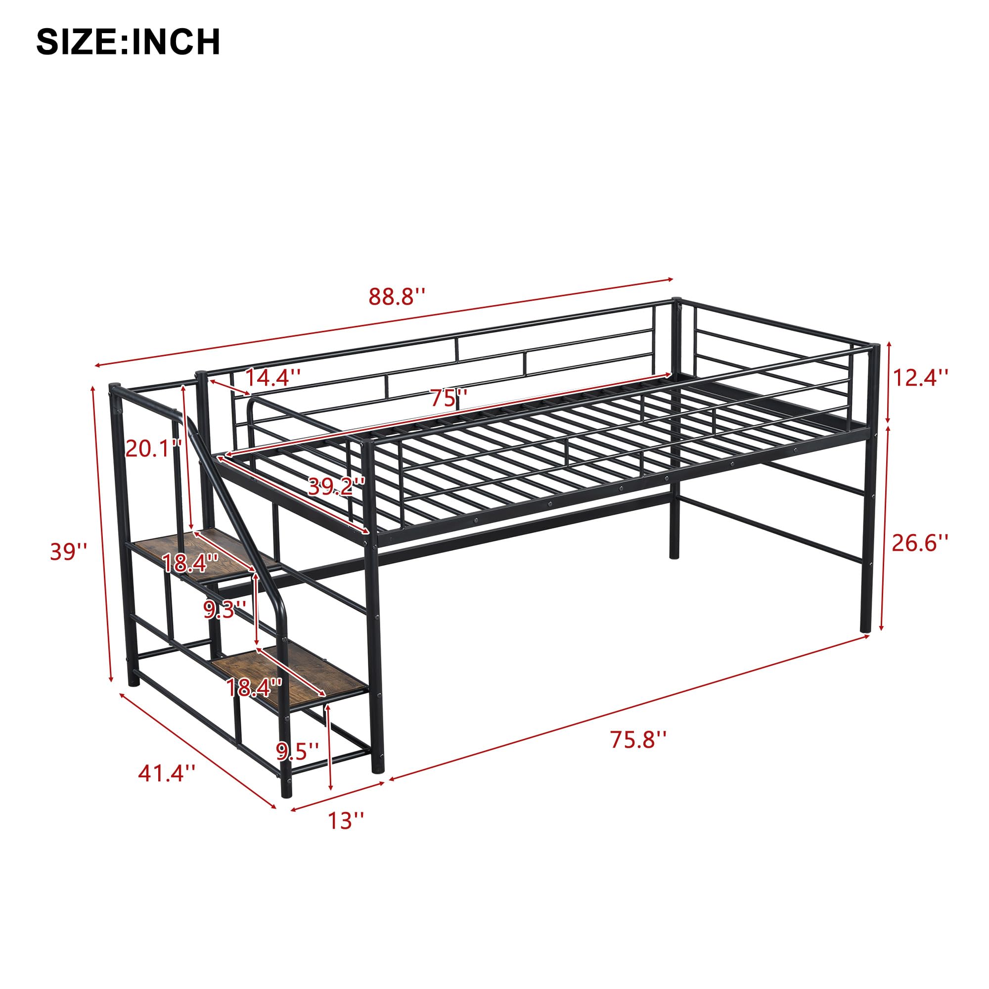 Merax Metal Low Loft Bed Frame with Full Length Guardrails, Easy Assemble Black