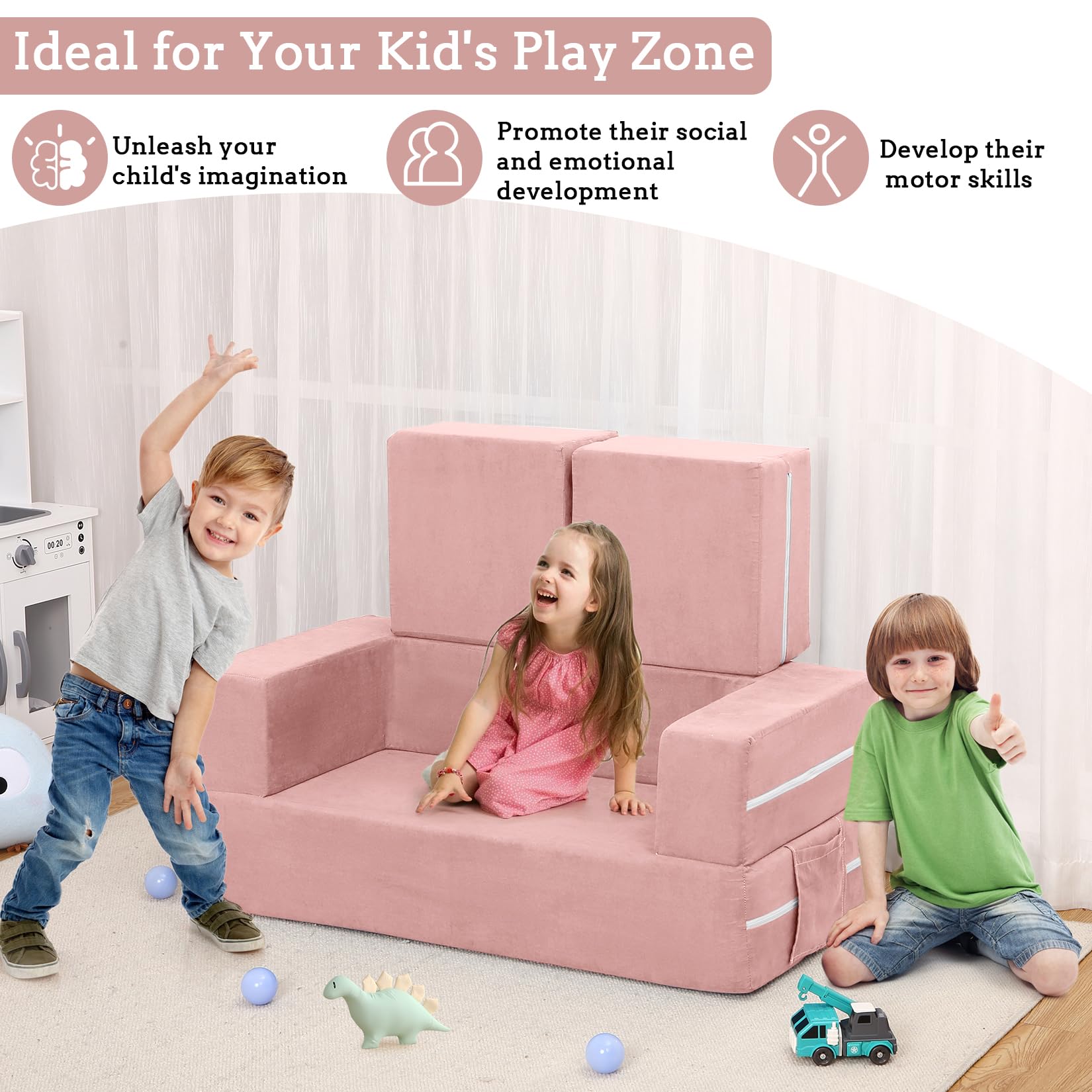 GarveeHome Kids Play Couch, 3Pcs Modular Kids Couch Toddler Couch for Playroom Bedroom Furniture, Convertible Foam Kids Play Sofa with Removable Cover, Pink