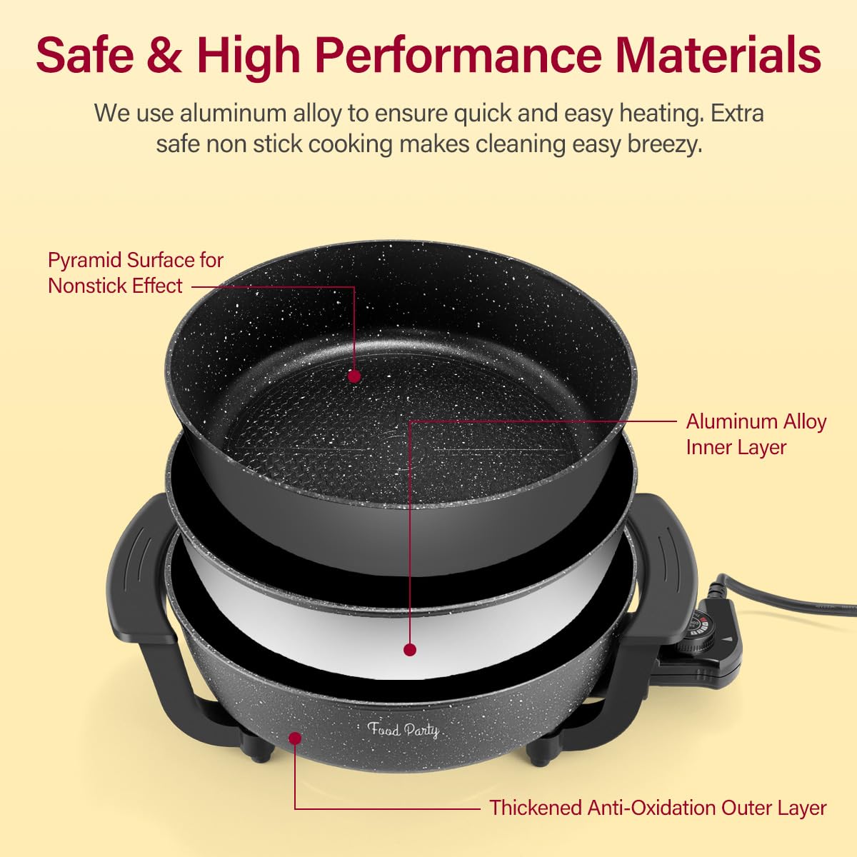 Food Party Electric Hot Pot Skillet Hotpot Pot Electric Cooker Shabu Shabu Pot 110V Non-Stick 6L BPA FREE Fondue Chinese Hot Pot