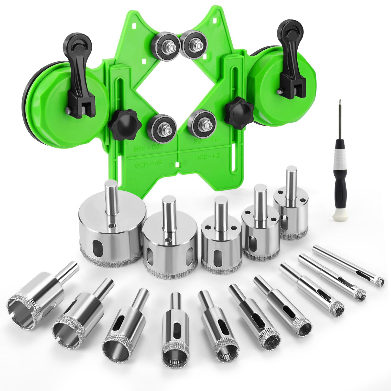 Diamond Hole Saw Kit 17PCS Drill Bits Sets with Double Suction Cups Guide Jig Fixture from 4 mm-83 mm Hollow Drill Set for Ceramic, Glass, Tile, Porcelain, Marble, Granite