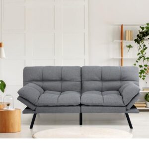 muuegm futon sofa bed couch，memory foam futon convertible sofa bed, 71″fabric futon with convertible backrest,modern loveseat sofa,sleeper couch for compact space,apartment,living room,light grey