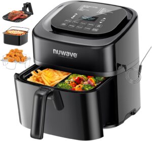 nuwave brio 10-in-1 air fryer, 6 qt airfryer capacity with smart probe, roast grill bake for fast meals, one-touch digital controls, powerful 1800w fryer, 100 recipes, removable divider & grill pan