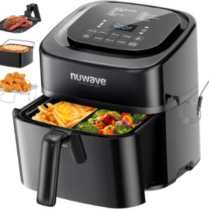 Nuwave Brio 10-in-1 Air Fryer, 6 QT Airfryer Capacity with Smart Probe, Roast Grill Bake for Fast Meals, One-Touch Digital Controls, Powerful 1800W Fryer, 100 Recipes, Removable Divider & Grill Pan