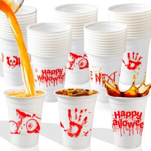 50pcs halloween solo cups for party decorations, 16 oz halloween plastic disposable cups with scary bloody hands print for kids adults halloween party supplies favors