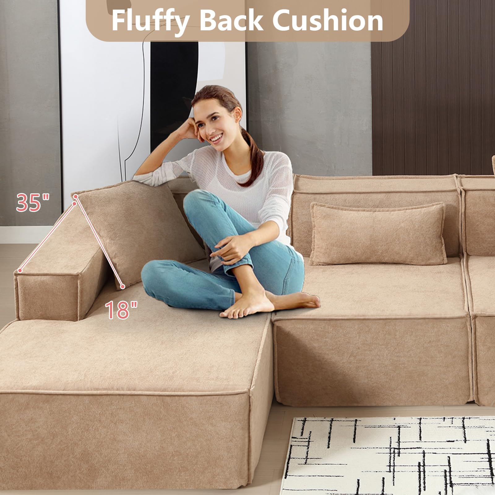 HZANHY Modular Sectional Sofa Couch, L-Shape Upholstered Cloud Couch, Modern Minimalist Couches for Living Room, Deep Seat Corner Couch, Right Facing Chaise