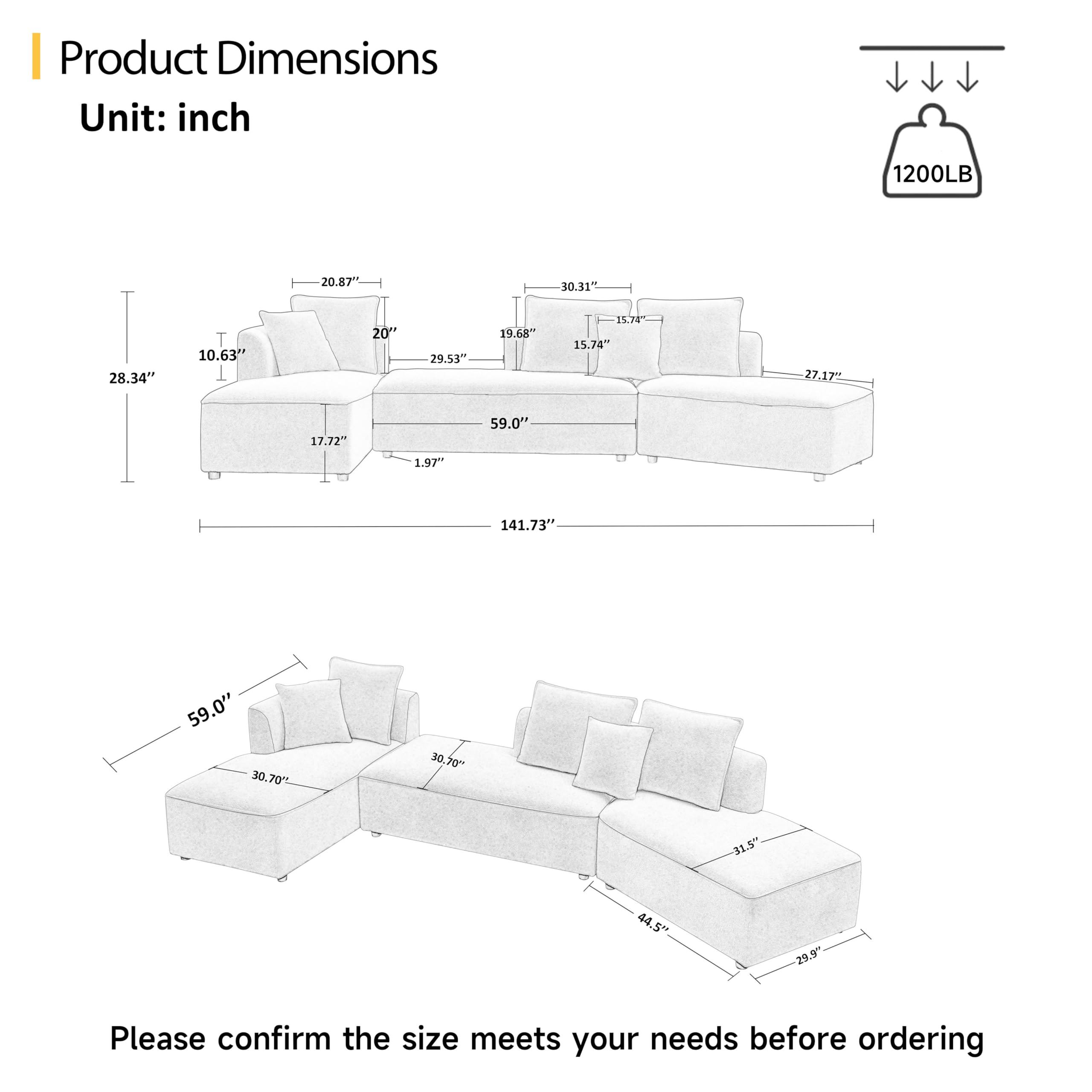 Curved Sectional Couches for Living Room, 141.73" Oversized L Shaped Modular Sofa Couch, Cloud Couch Corner Couch for Apartment, Bedroom, Office, Beige