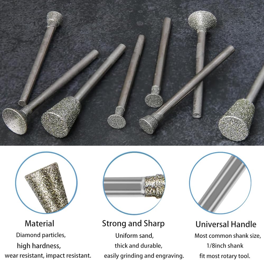 Stone Carving Set Diamond Burr Bits Compatible with Dremel, Rotary Tools Accessories Polishing Kits with 1/8 inch Shank for Carving, Engraving, Grinding, Stone, Rocks, Ceramics, Jewelry, Glass