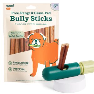 woof bullysafe and bully sticks - nutritious chew sticks for dogs and bully stick holder for safe, long-lasting play - no more swallowed ends - 6" sticks - 10 pack